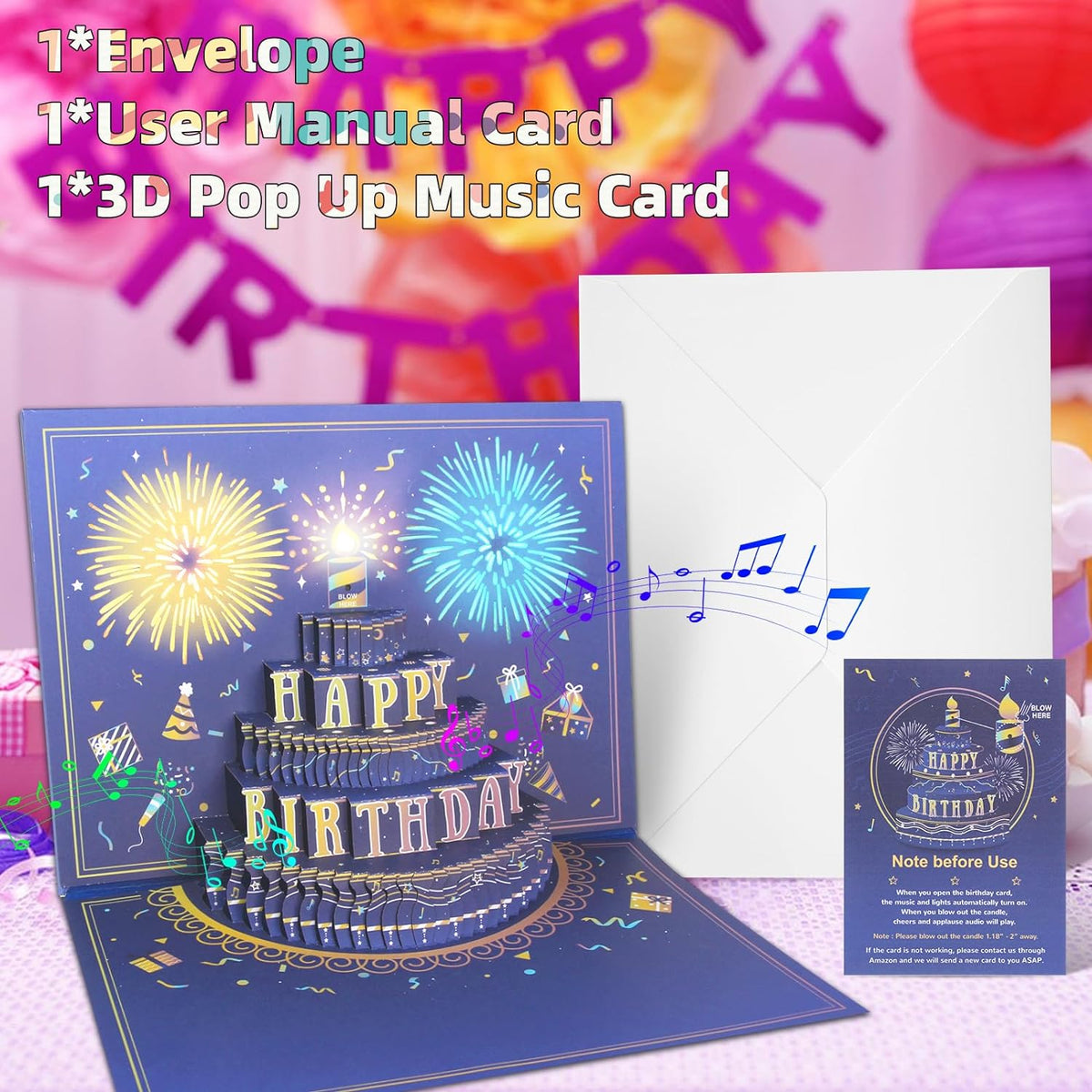 UPGRADED 3D Pop up Firework Birthday Cards, Musical & LED Lights Birth ...